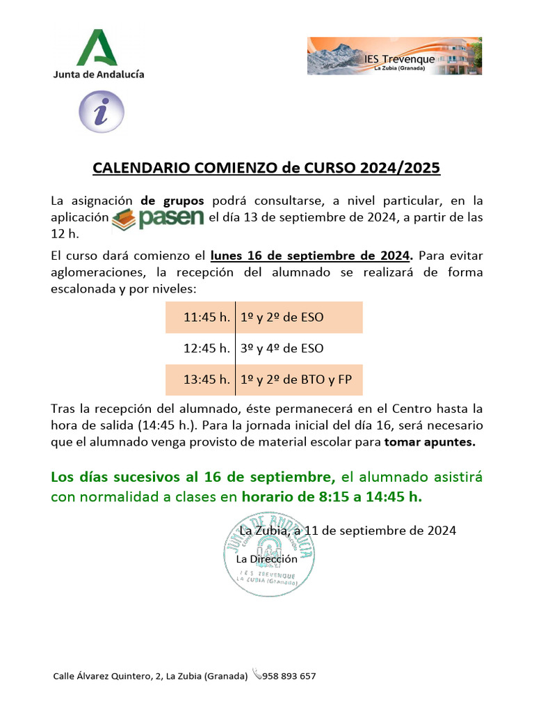Calendario Inicio Curso - 2425 | PDF