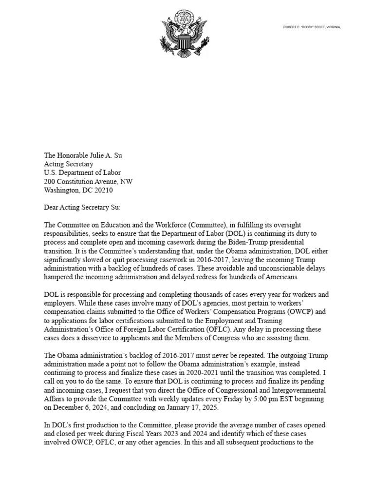 11.25.24 DOL Casework Letter | PDF | The United States | United States ...