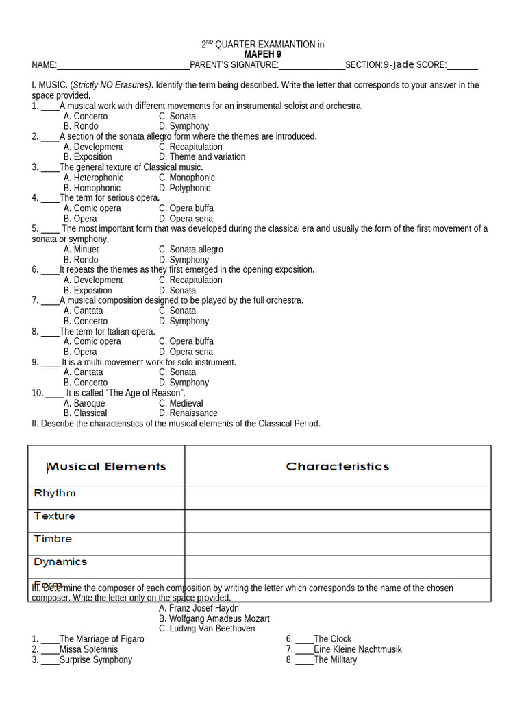 Q2 Mapeh Exam | PDF | Musical Forms | Musical Compositions