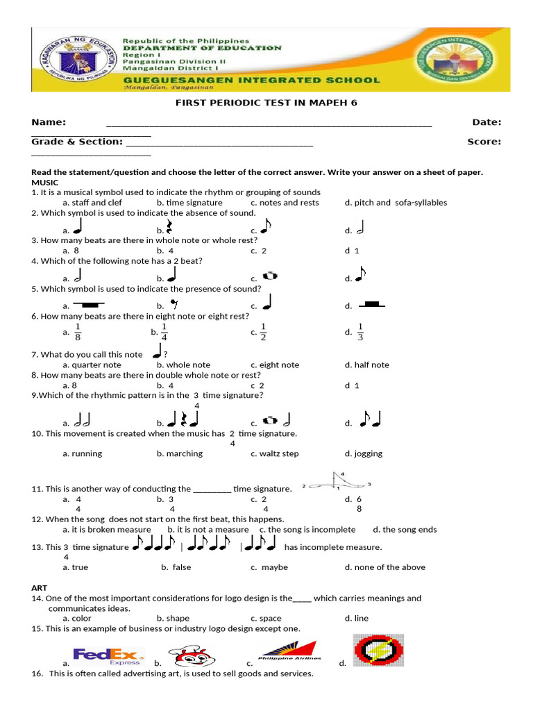 MAPEH 6 First Periodic Test | PDF | Rhythm | Ear