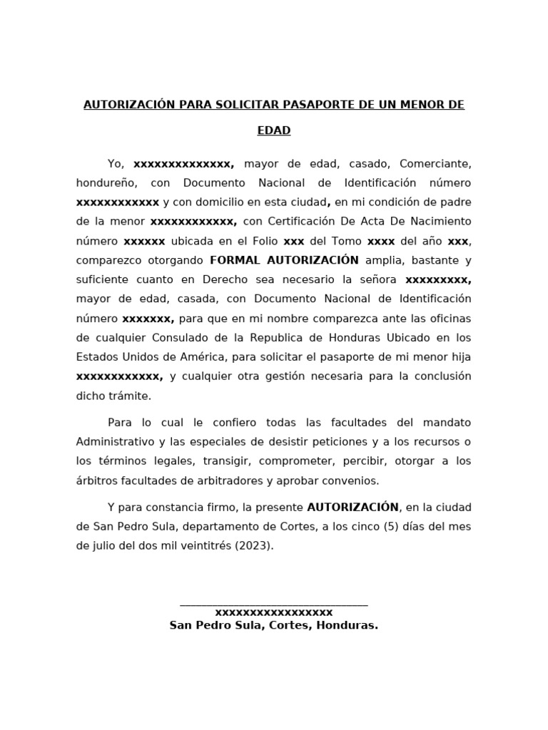 Autorización para Solicitar Pasaporte de Un Menor de Edad | PDF | Derecho