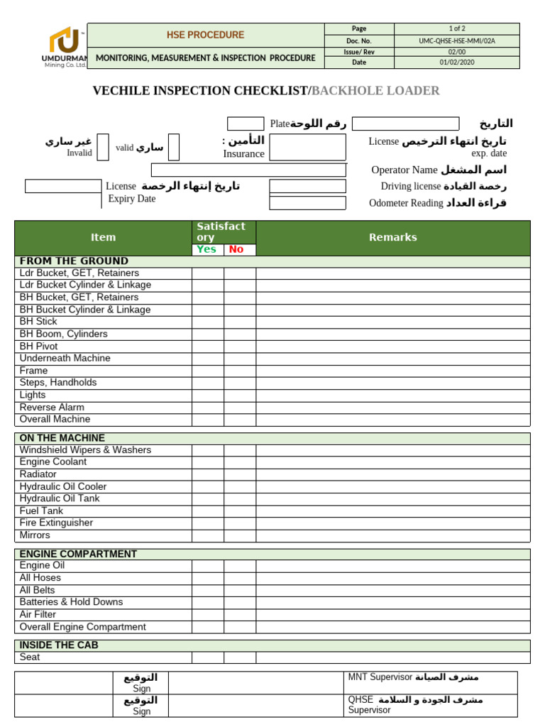 01 A Backhoe Loader Inspection Checklist | PDF | Heavy Equipment | Construction Equipment