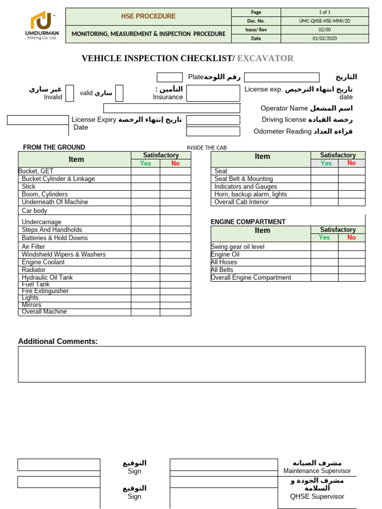 01 D Excavator Inspection Checklist | PDF | Land Vehicles | Vehicles