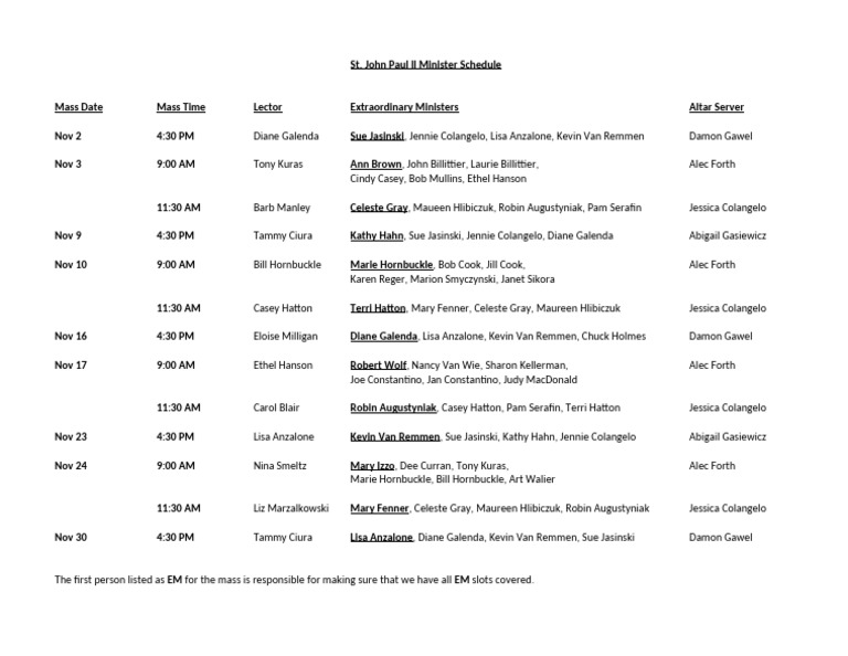 St. John Paul II Mass Schedule November | PDF