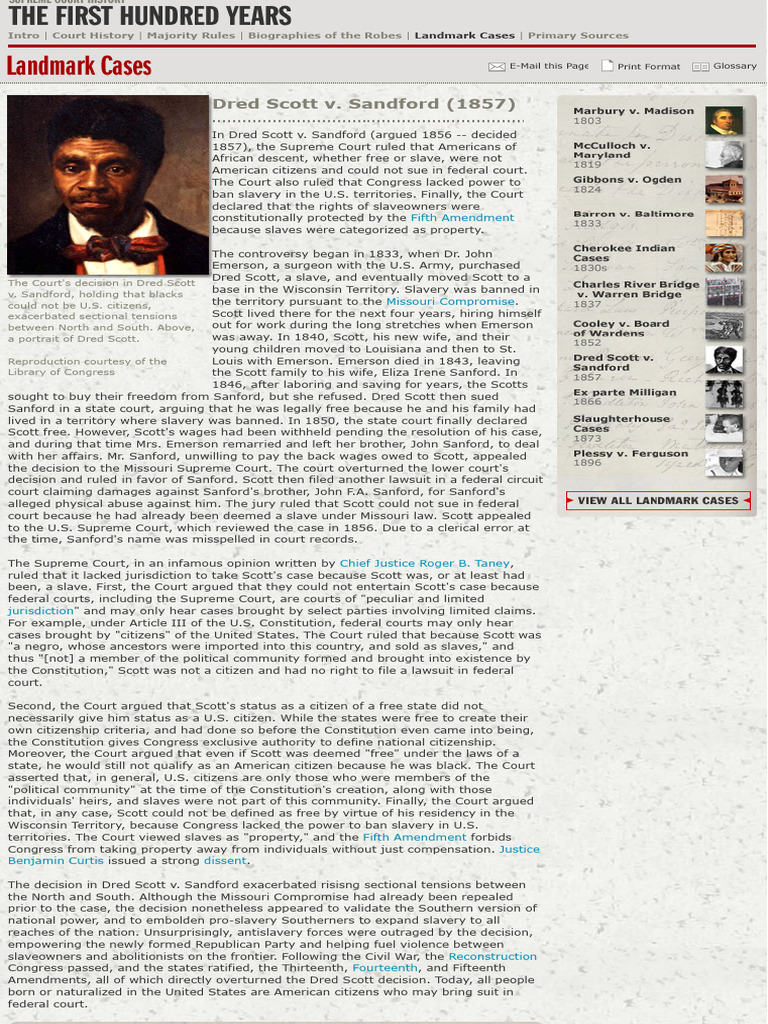 The Supreme Court - The First Hundred Years - Landmark Cases - Dred ... The Supreme Court - The First Hundred Years - Landmark Cases - Dred ...