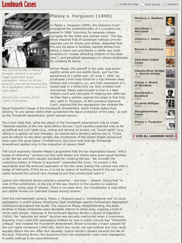 The Supreme Court - The First Hundred Years - Landmark Cases - Plessy v ...