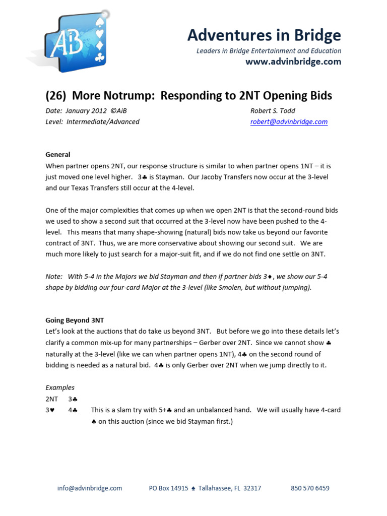 26 Responding To 2N and 2C-2D-2N | PDF | Games Of Chance | Card Games