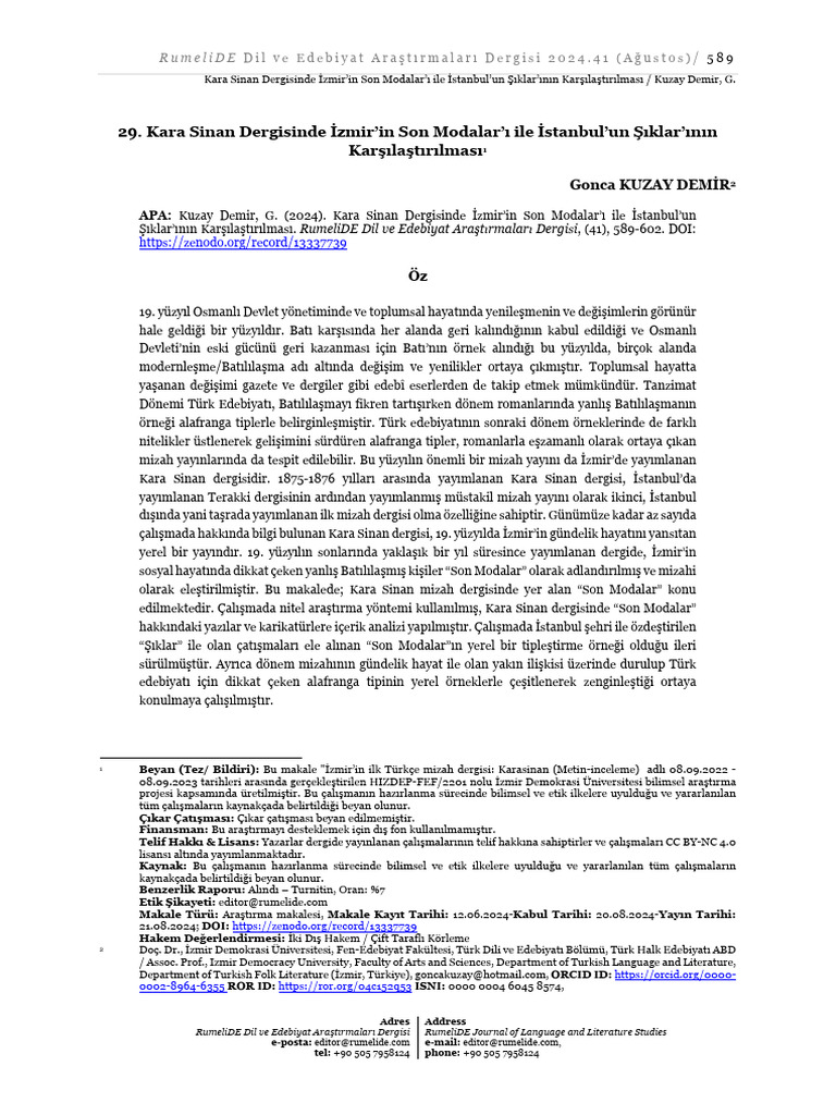 Kara Sinan Dergisinde Izmir in Son Modalar I Ile Istanbul Un Siklar Inin Karsilastirilmasi | PDF