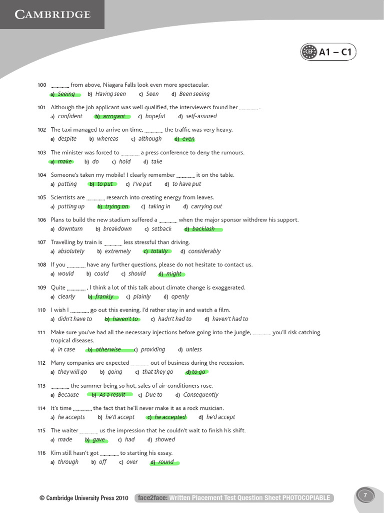 Cambridge Placement Test Face2face 7 Pdf