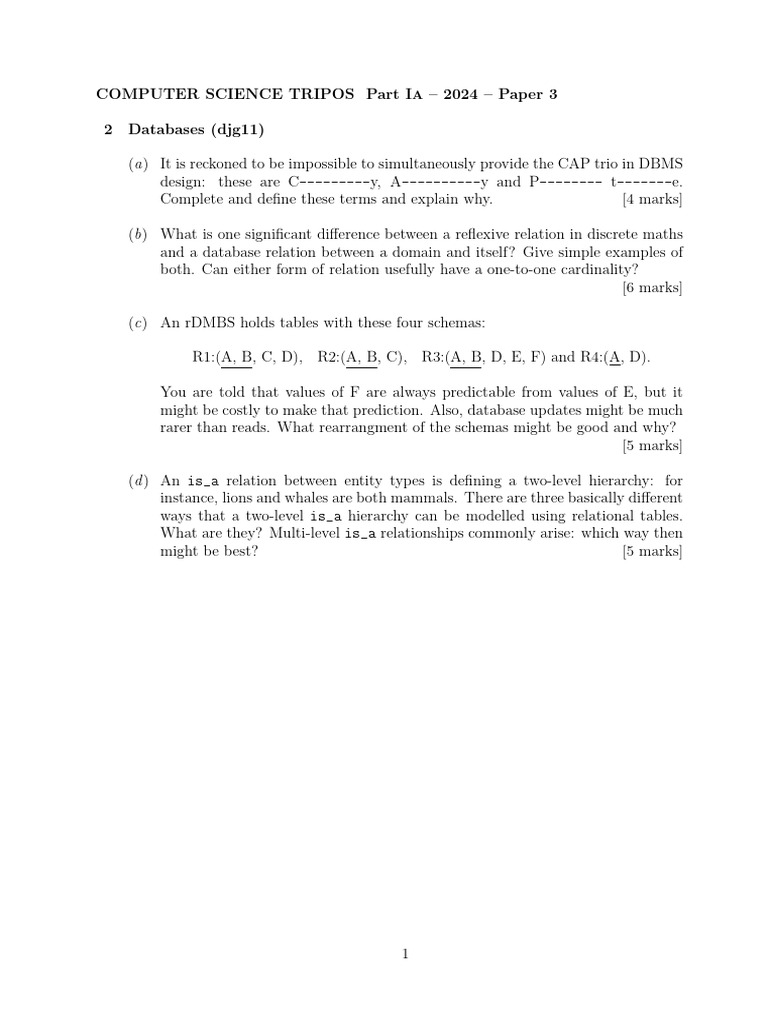 Computer Science Tripos Part I - 2024 - Paper 3 Databases (djg11) | PDF ...