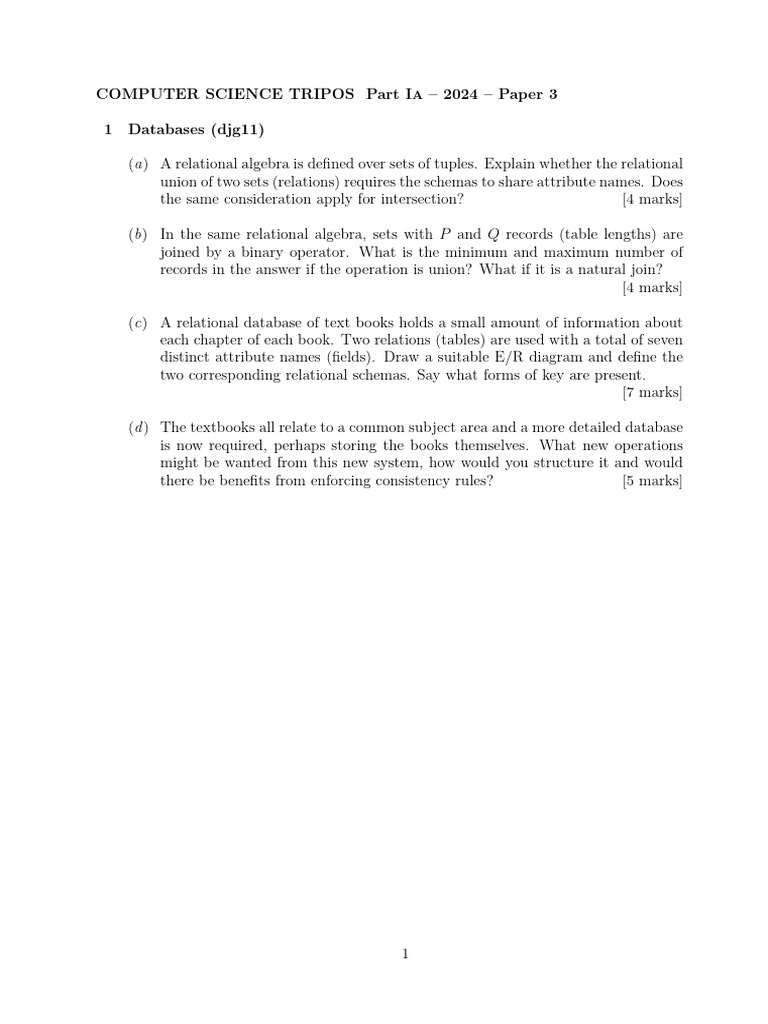 Computer Science Tripos Part I - 2024 - Paper 3 Databases (djg11) | PDF