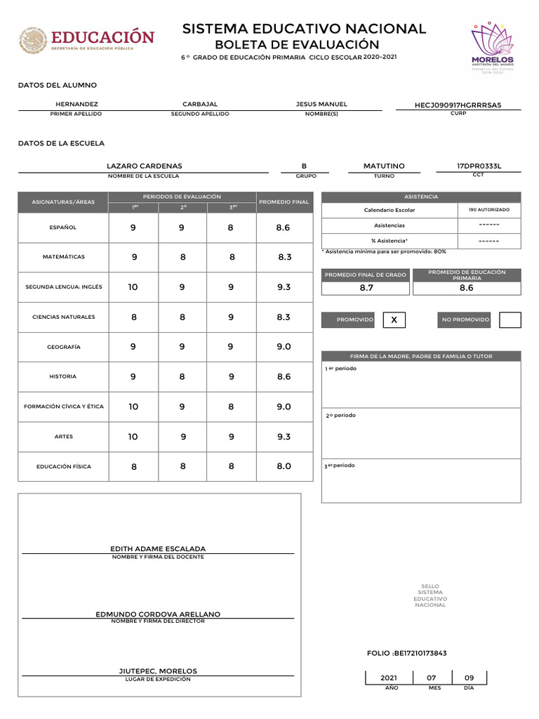 Boleta de Evaluación Primaria 2021 | PDF