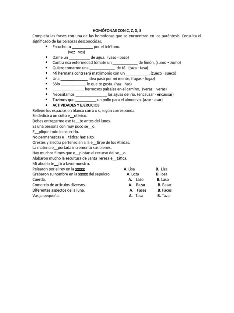 Homófonas Con C, S, Z, X | PDF