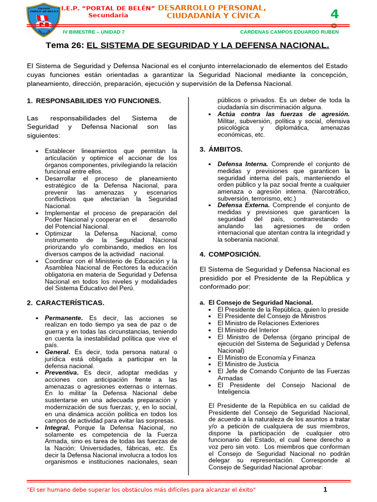 PDB DPCC 4° IV B U7 s26. El Sistema de Seguridad y La Defensa Nacional. (T.a) | PDF | Ministerio ...