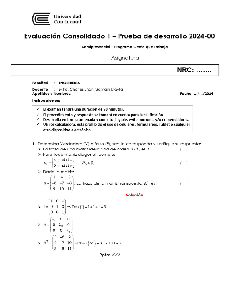 Retroalimentacion de La Evaluacion Consolidado 1 | PDF | Determinante | Álgebra abstracta