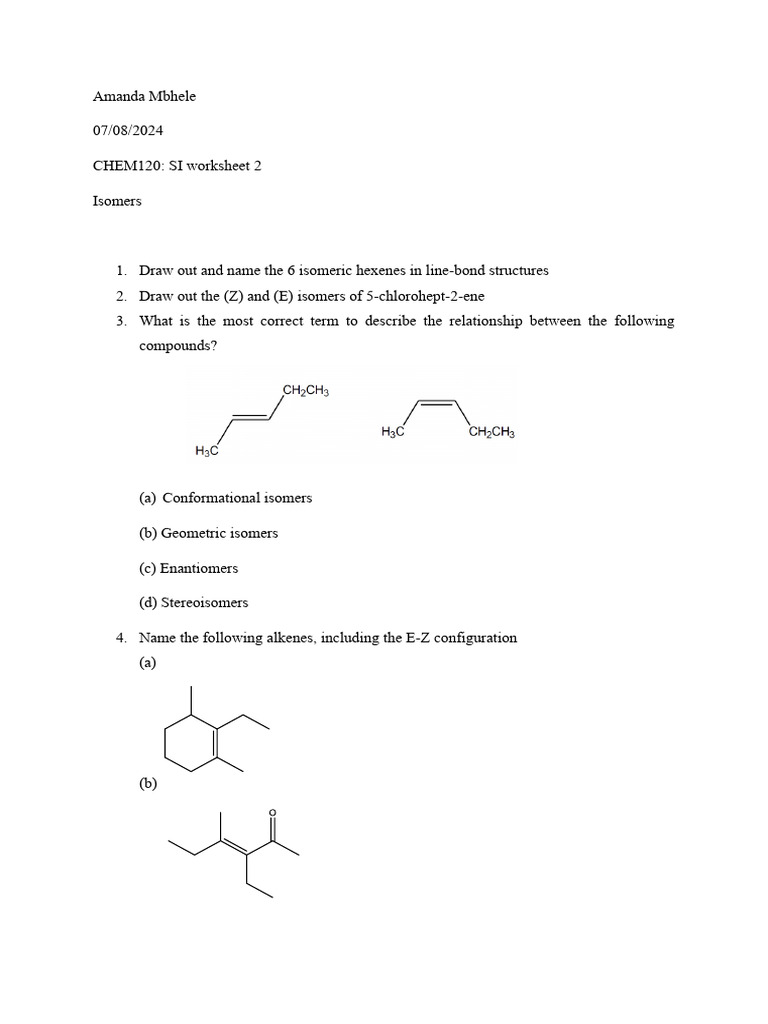 Isomerism in Organic Chemistry Worksheet | PDF