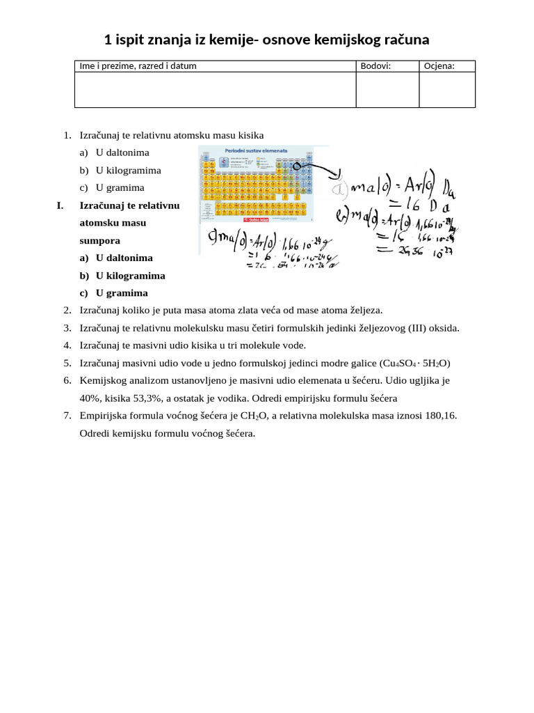 1 Ispit Znanja Iz Kemije - Osnove Kemijskog Računa | PDF