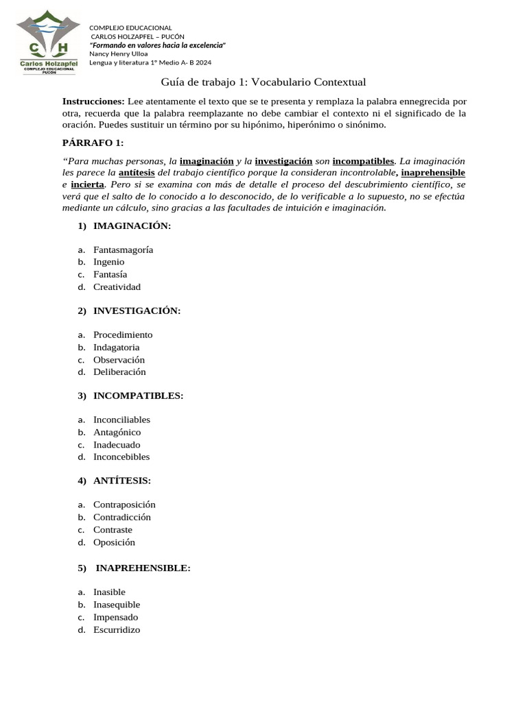 Guía de Vocabulario Contextual 1° Medio | PDF | Comprensión lectora
