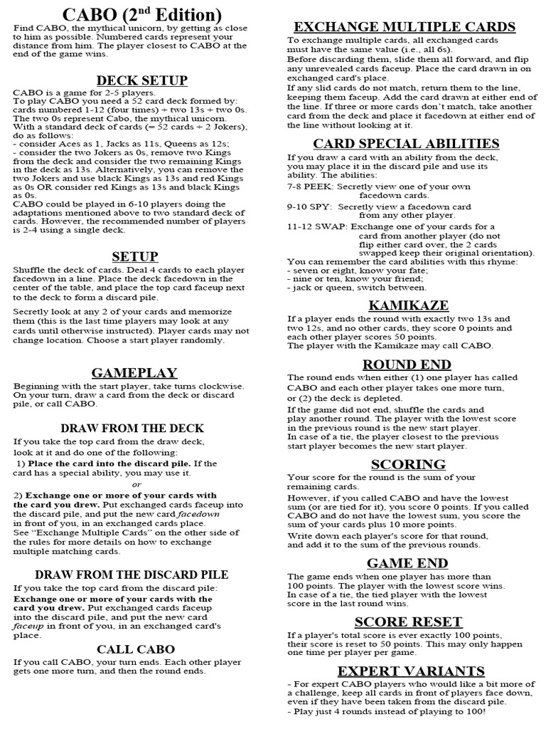 Cabo-Rulesbook To Play With A Standard Deck of Cards | PDF | Playing ...