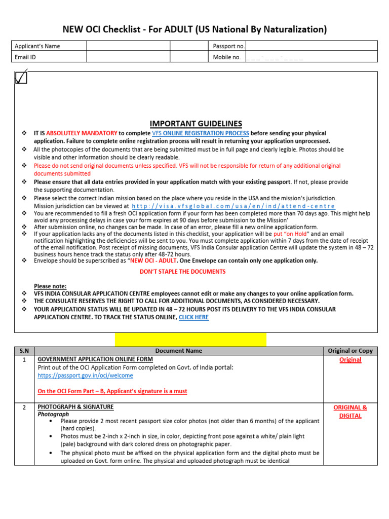 New OCI Application Checklist for Adults | PDF | Government And Personhood