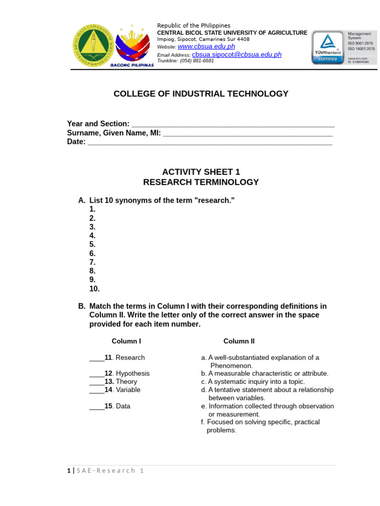 Activity Sheets For Module 1a | PDF | Hypothesis | Methodology