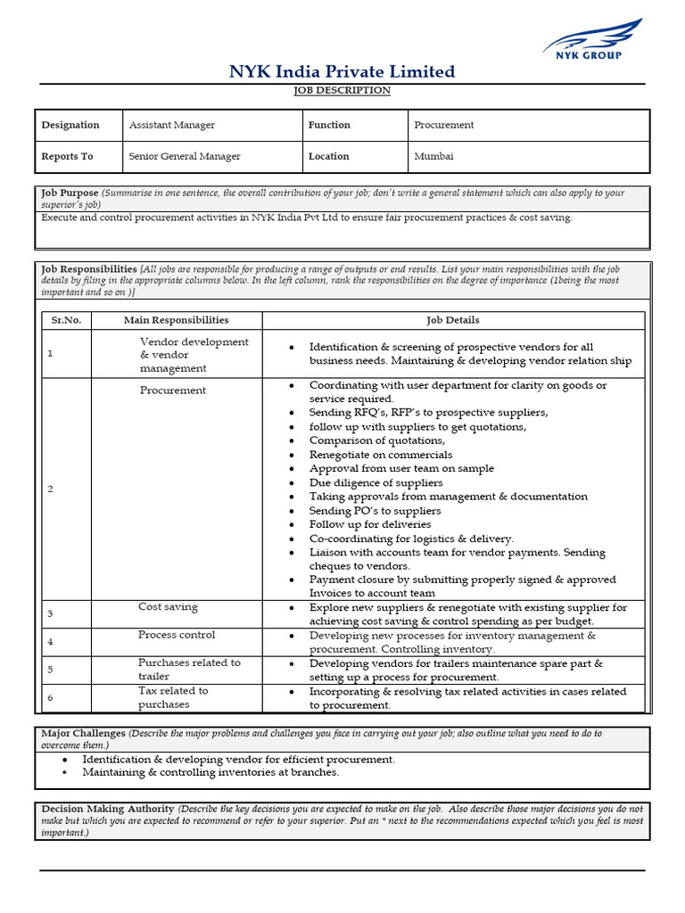 Assistant Manager Procurement Role | PDF | Procurement | Business