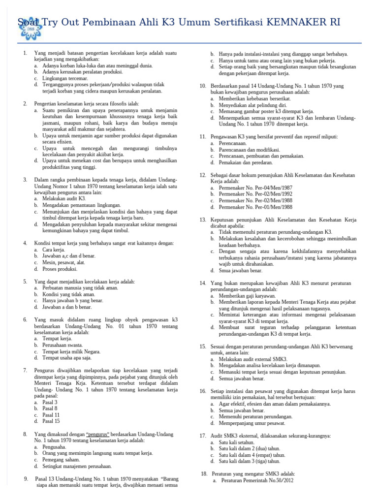 Soal Try Out Ahli K3 KEMNAKER RI | PDF
