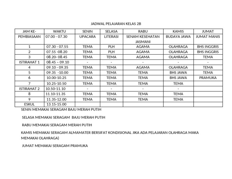 Jadwal Pelajaran Kelas 2B | PDF