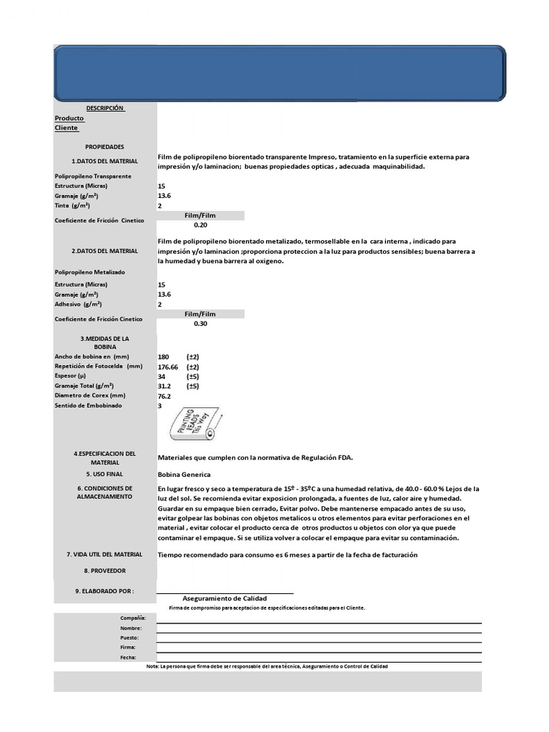 Ficha Técnica Bopp Impr Con Bopp Metal | PDF | Laminado (metalmecánica)