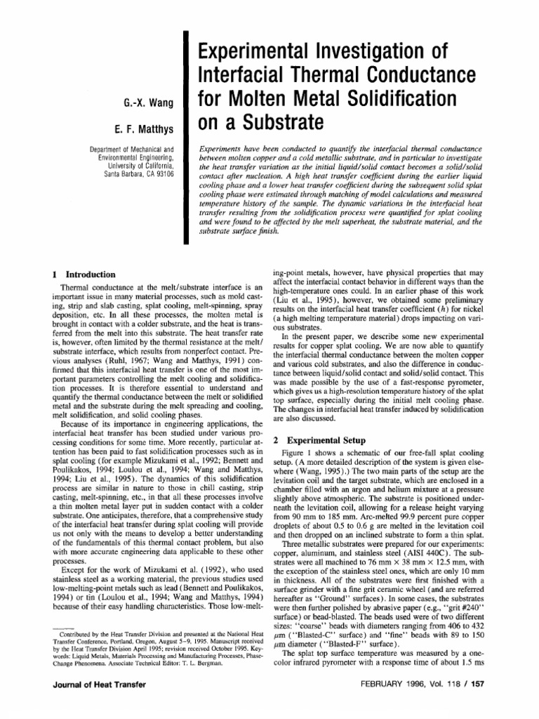 Interfacial Thermal Conductance in Metal Solidification | PDF | Heat ...