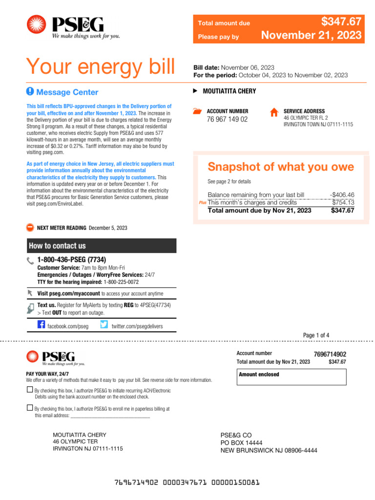 PSEG Bill 10042023 - 11022023 | PDF | Payments | Taxes