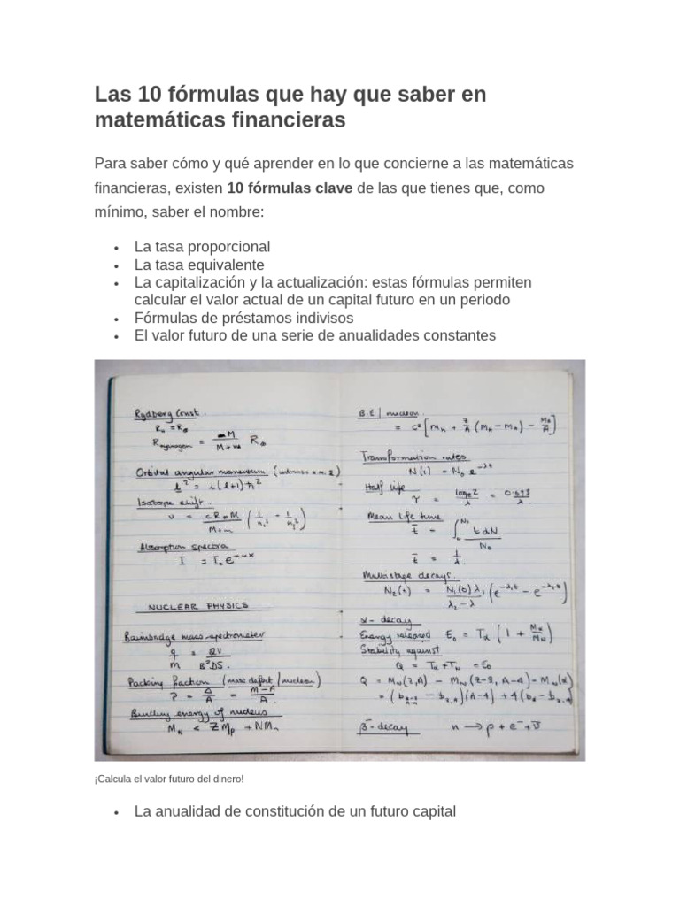 Las 10 Fórmulas Que Hay Que Saber en Matemáticas Financieras | PDF ...