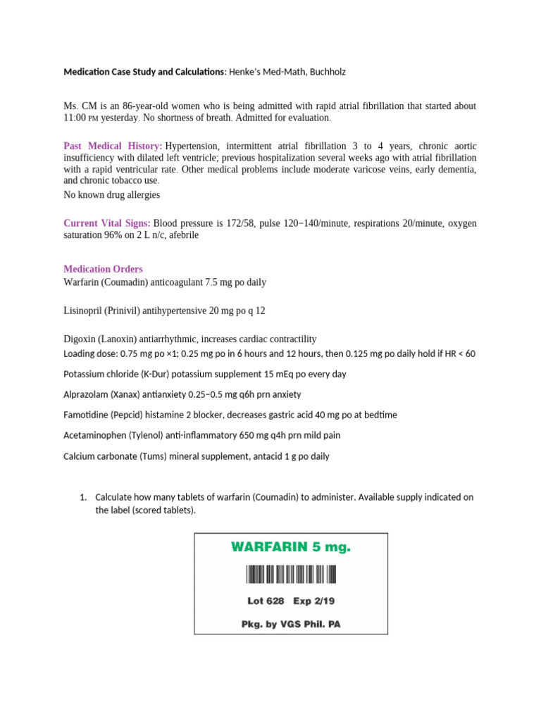 Medication Case Study and Calculations and Answers - Henke MedMath ...