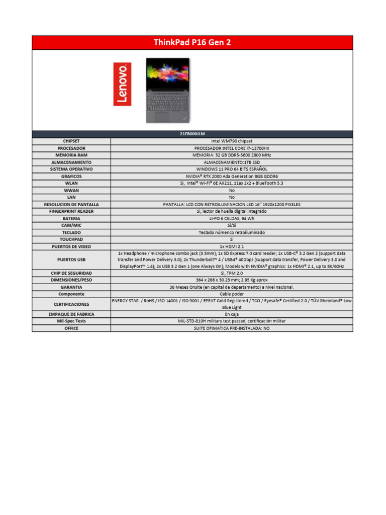ThinkPad P16 Gen 2 | PDF | Hardware de la computadora | Ingeniería Informática