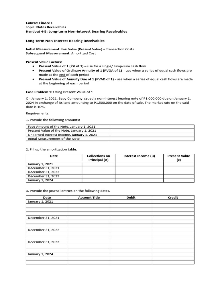 Handout 4B - Long-Term Non-Interest Bearing Receivables | PDF | Present ...
