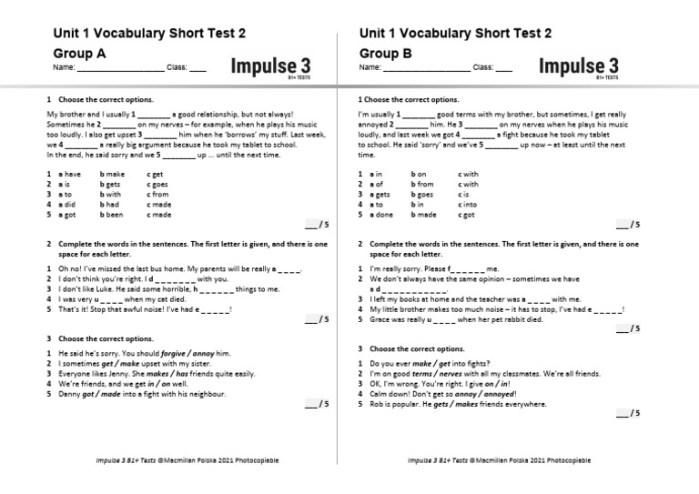 Unit 1 Vocabulary Short Test 2 A+B | PDF
