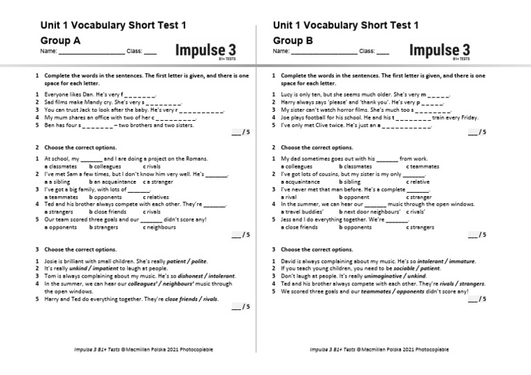 Unit 1 Vocabulary Short Test 1 A+b | PDF