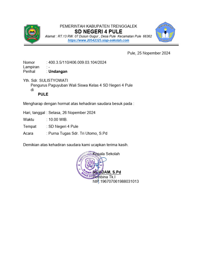 Surat Undangan Wali Murid 4 Purna Pak Tri Utomo | PDF