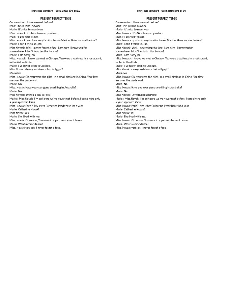 Present Perfect Tense Role Play Script | PDF
