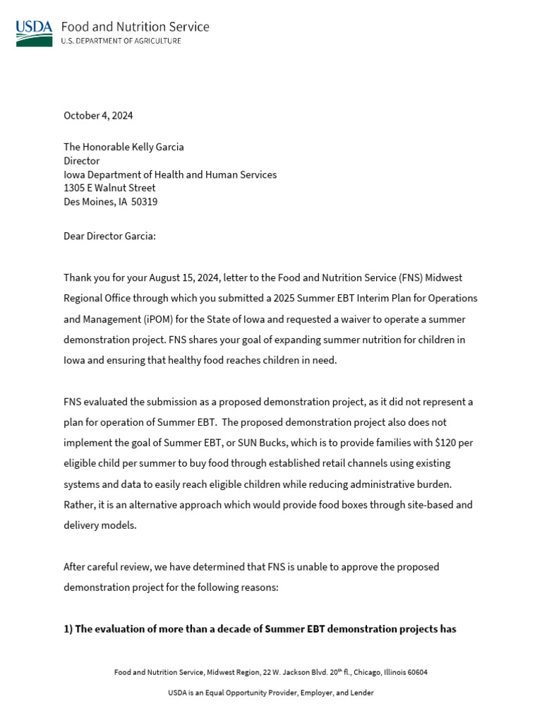 USDA Denies Iowa's Modified Summer EBT Request | PDF | United States ...