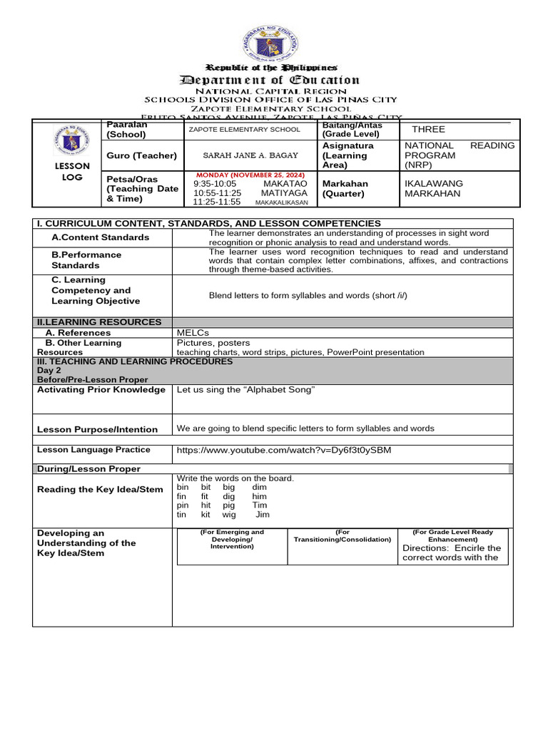 NRP DLL Q2 Blend Specific Letters Short I Sound | PDF | Word | Learning
