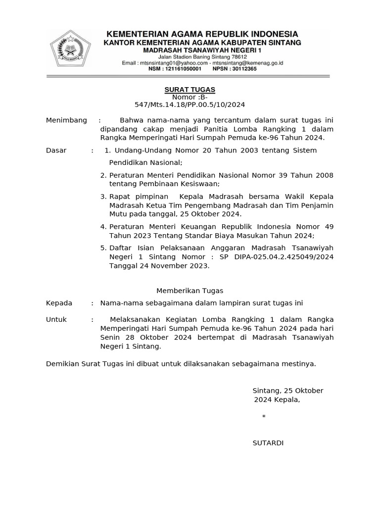Surat Tugas Lomba Rangking 1 | PDF