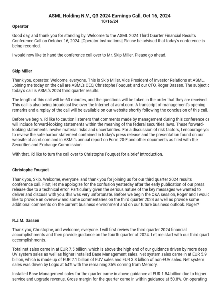 ASML Q3 2024 Earnings Transcript | PDF | Semiconductor Device Fabrication