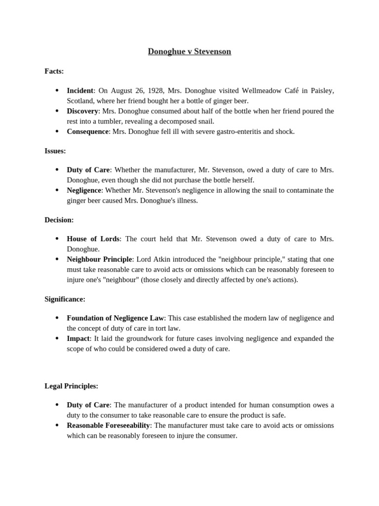 Landmark Case: Donoghue v Stevenson | PDF