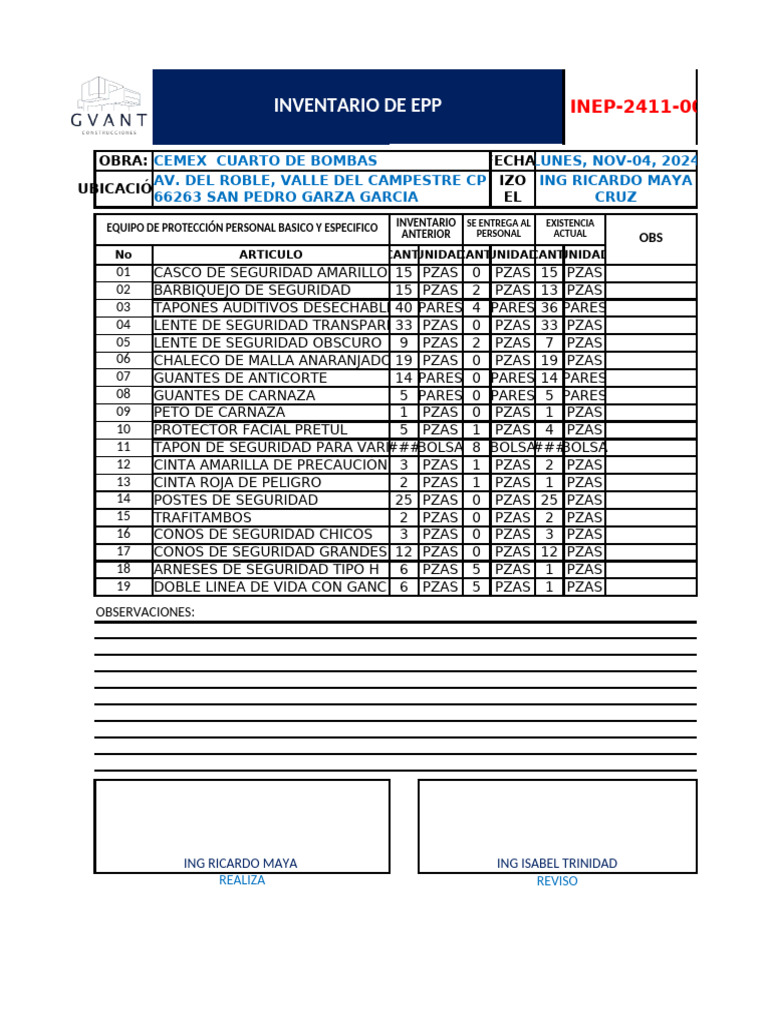 Inventario de EPP para CEMEX | PDF