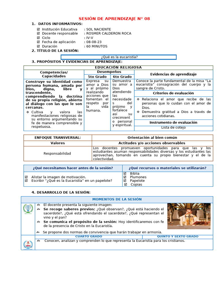 Sesión de Aprendizaje N 08 Reli | PDF | eucaristía | Sacrificio