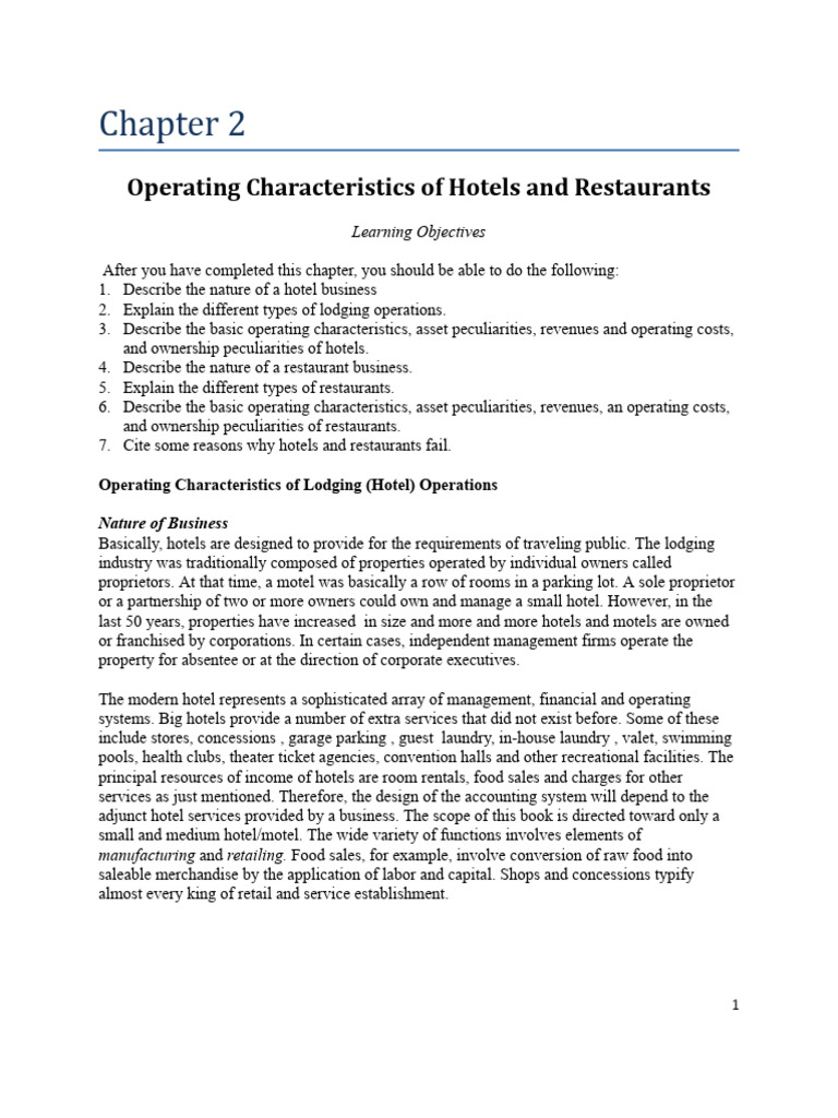 Chapter 2 Operating Characteristics of Hotels and Restaurants | PDF | Hotel | Restaurants
