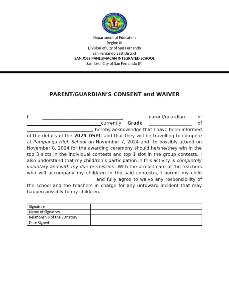 Parent Consent and Waiver For DSPC Attendance | PDF