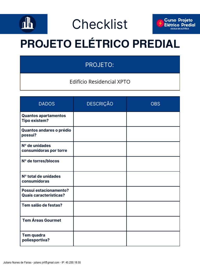 Checklist para Projetos Elétricos Prediais em Branco - EDE | PDF