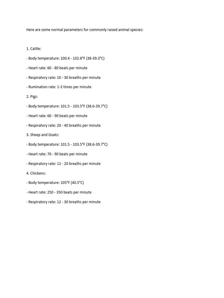 Here Are Some Normal Parameters For Commonly Raised Animal Species | PDF